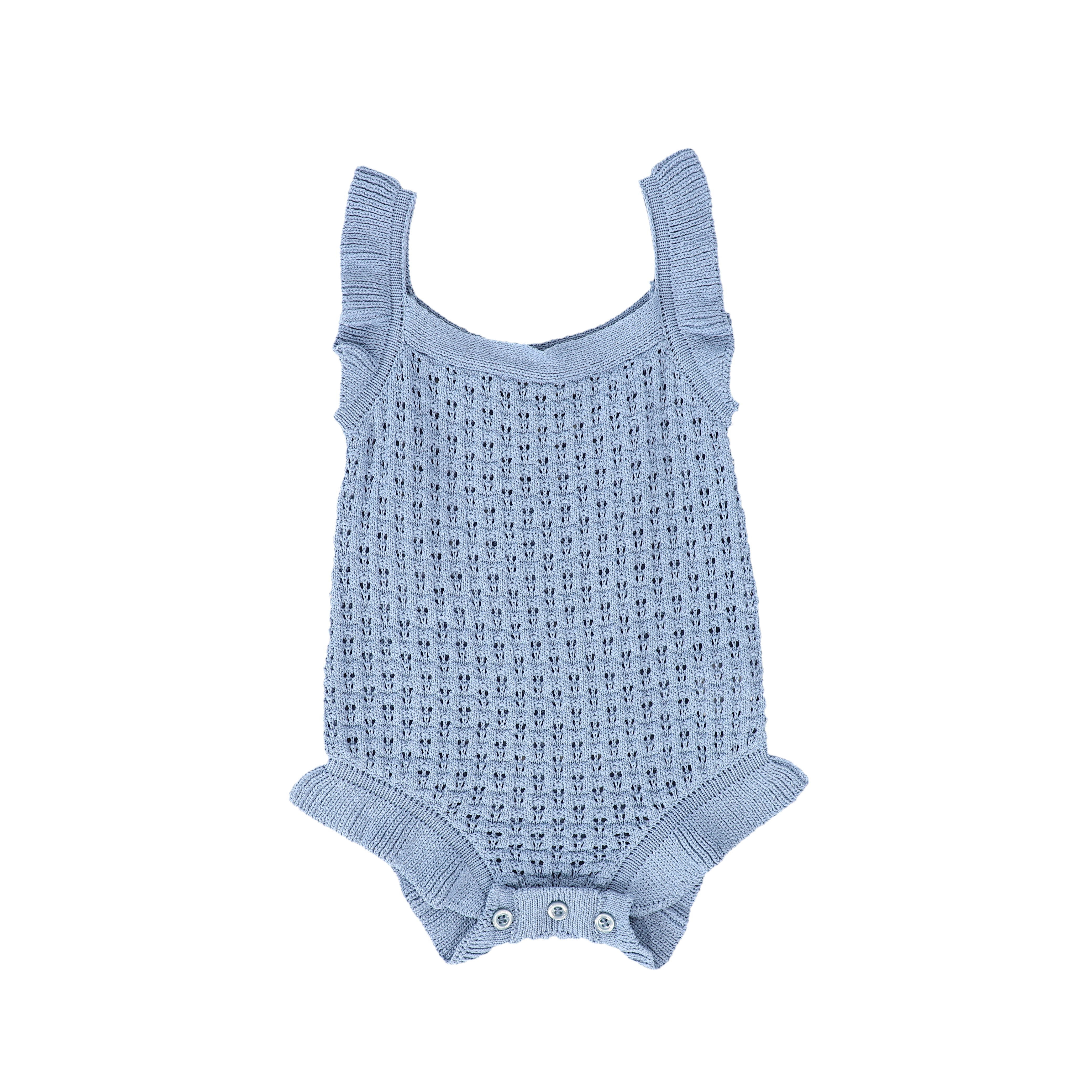 BACE COLLECTION BLUE POINTELLE KNIT RUFFLE ROMPER [FINAL SALE] – Luibelle